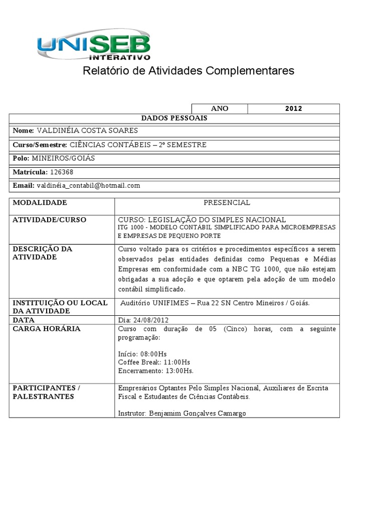 Relatório de Atividades Complementares - Curso de Simples Nacional - ITG 1000 | PDF | Relatório ...