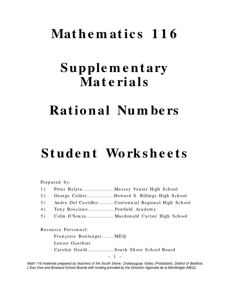 Math 116 Rational Numbers Worksheets | PDF | Teaching Mathematics