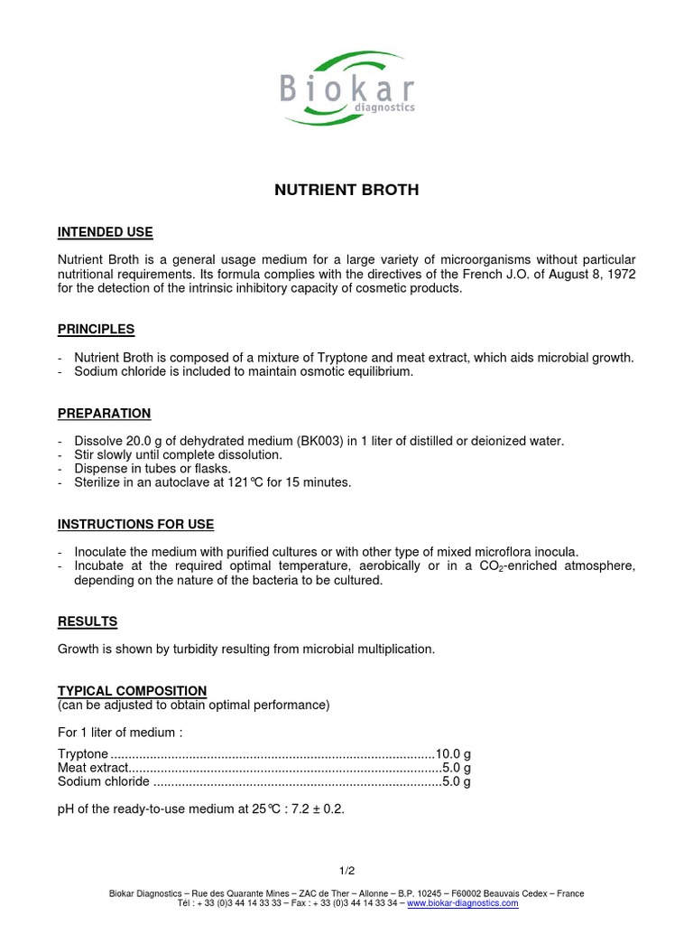 Nutrient Broth: Intended Use | PDF | Growth Medium | Microbiology