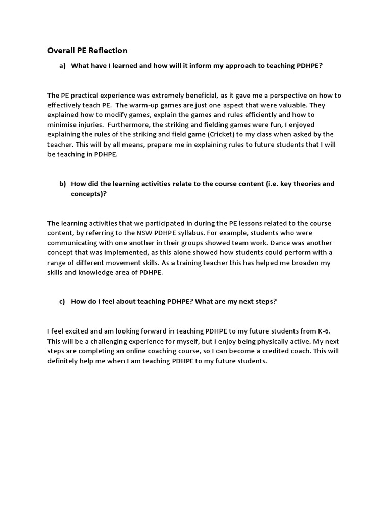 PE & PDHPE Teaching Reflection | PDF | Educational Assessment | Curriculum