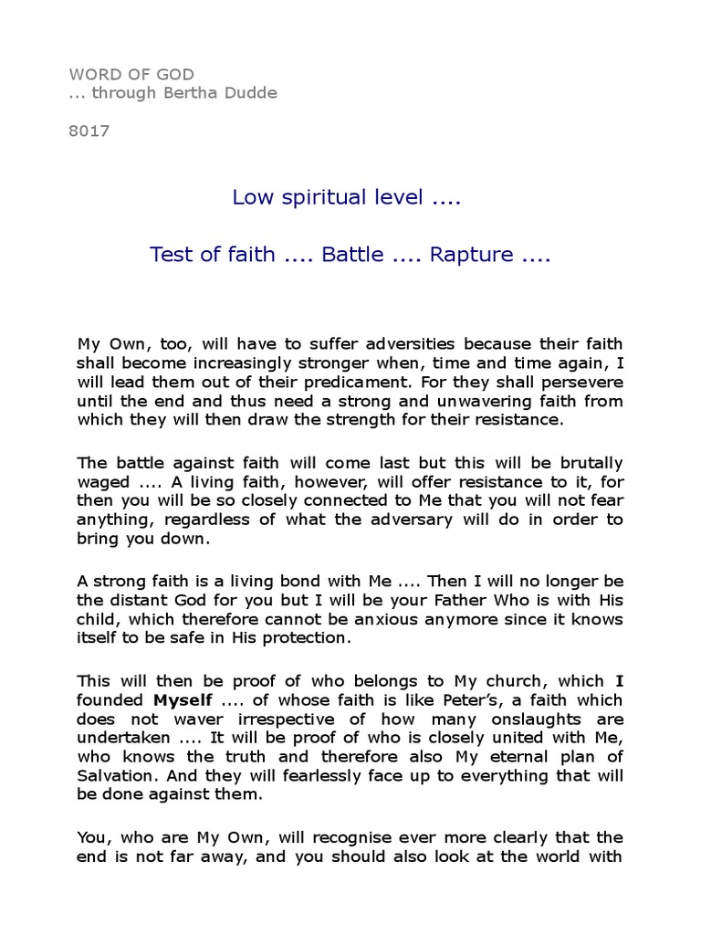 8017 Low Spiritual Level .... Test of Faith .... Battle .... Rapture ...