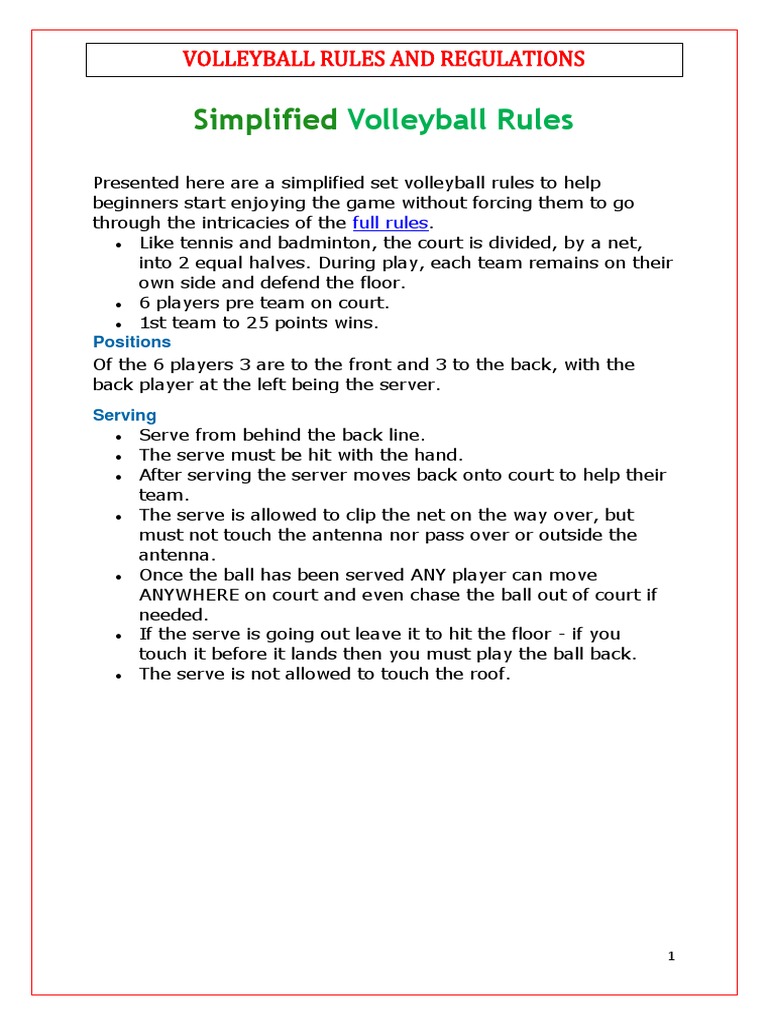 Simplified Volleyball Rules Guide | PDF | Volleyball | Sports Rules And ...