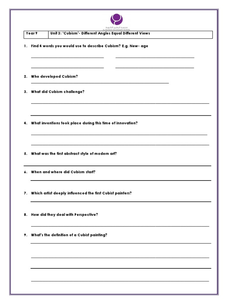 Cubism Note Taking Sheet Lesson 1 | PDF