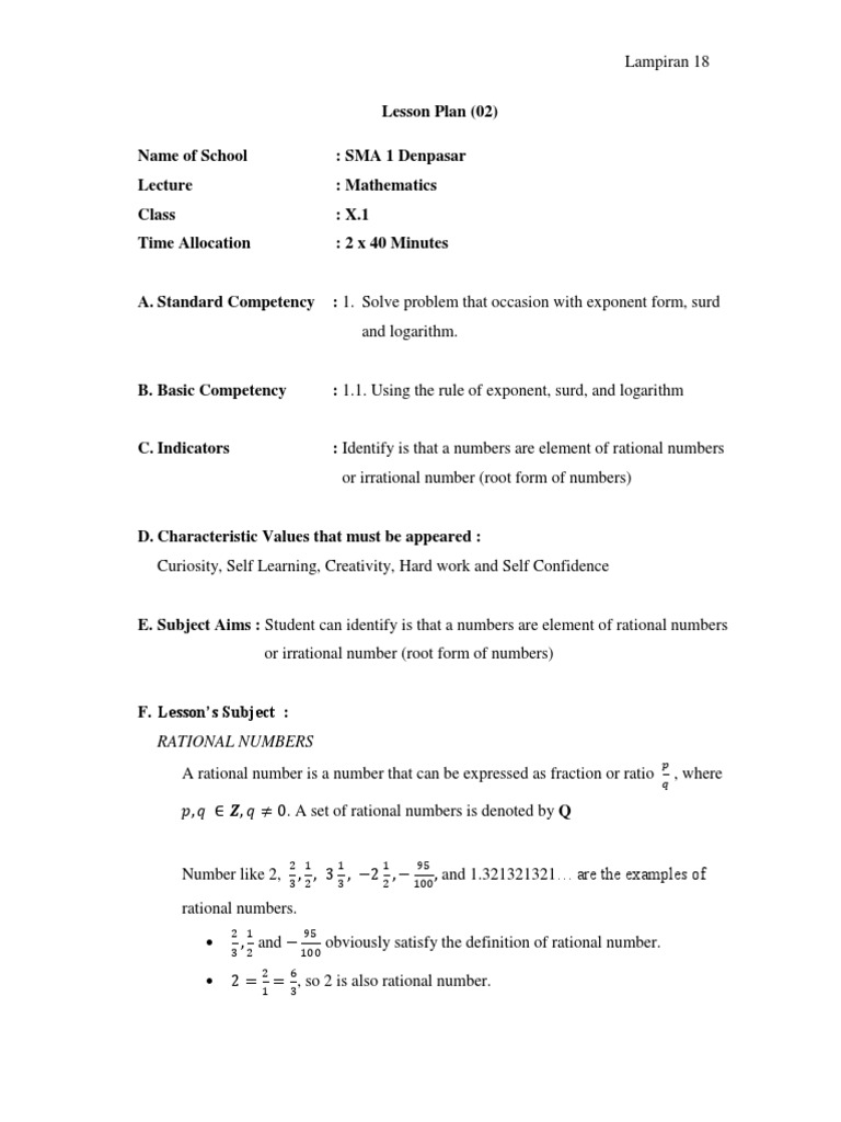Lampiran 18-Lesson Plan 02 | PDF | Rational Number | Fraction (Mathematics)