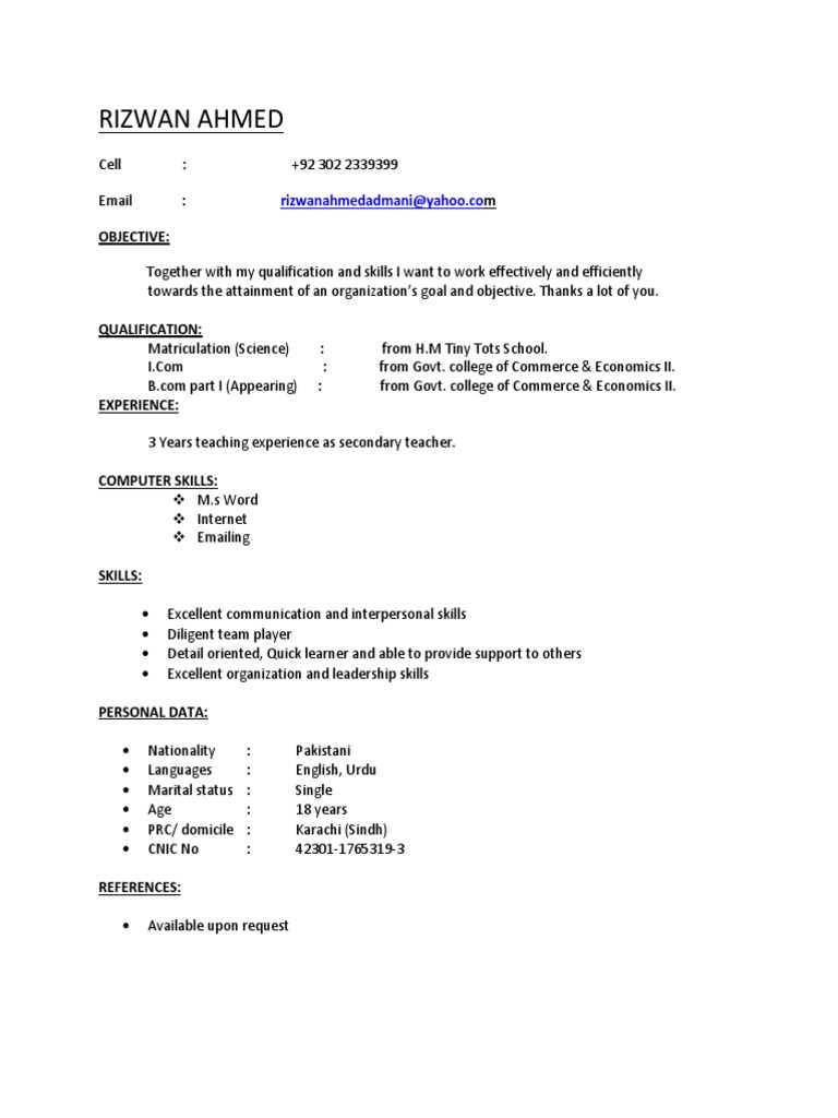 Rizwan Ahmed - Teaching CV & Skills | PDF