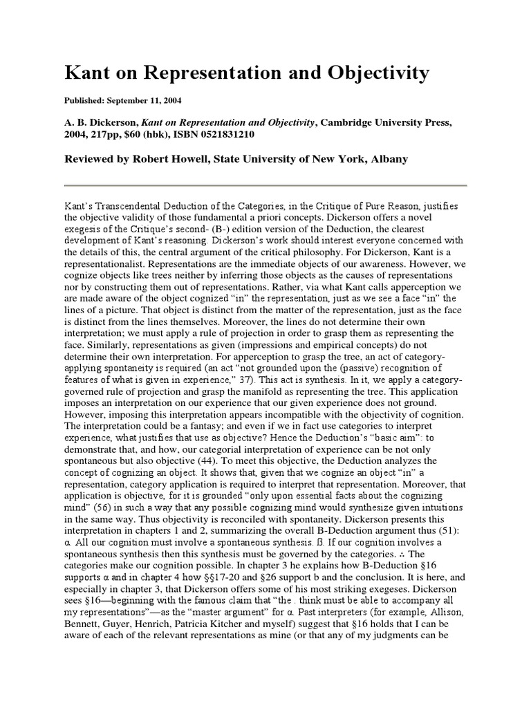 Kant On Representation and Objectivity | PDF | Immanuel Kant ...
