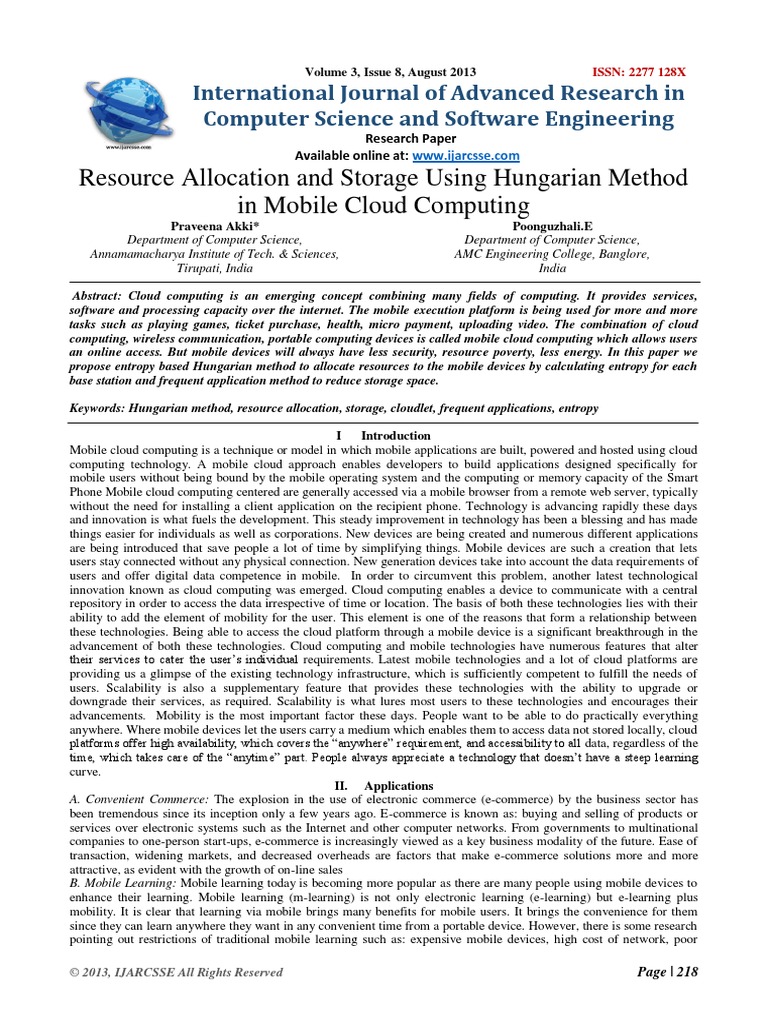 Resource Allocation and Storage Using Hungarian Method in Mobile Cloud Computing | PDF | Cloud ...