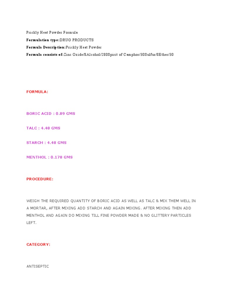 Prickly Heat Powder Formula | PDF | Wellness | Science & Mathematics