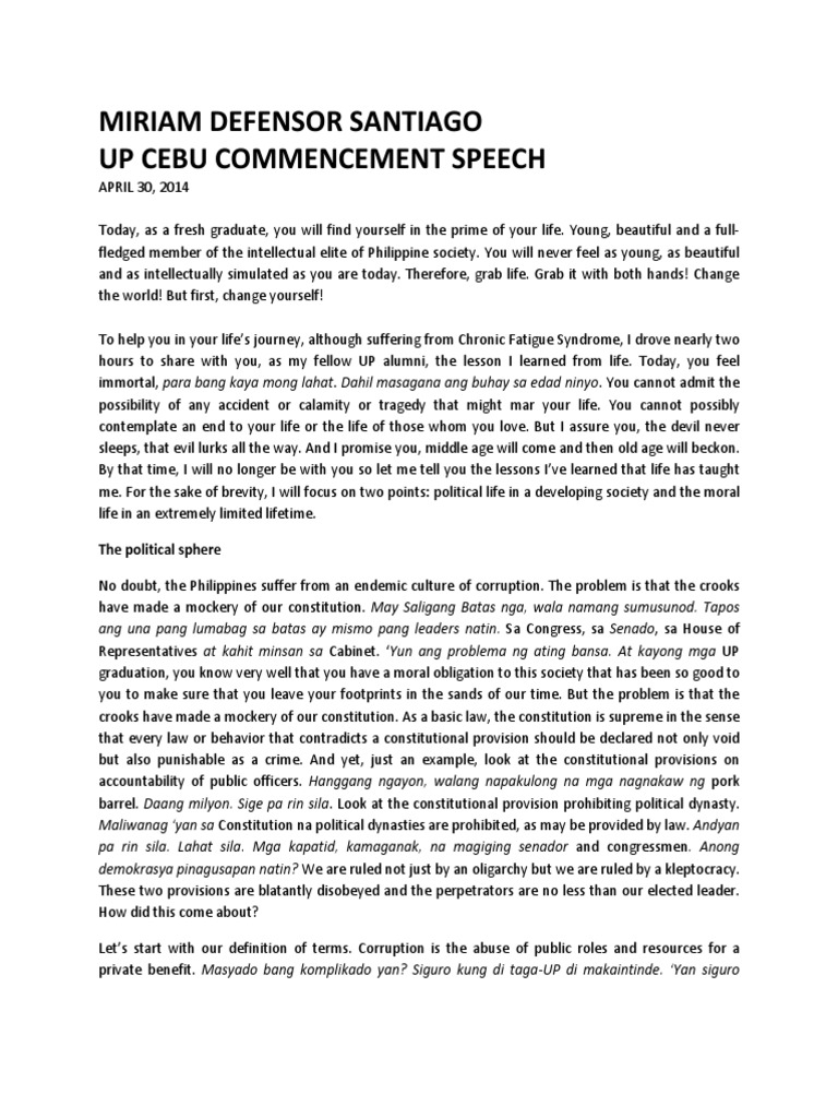 Miriam Defensor Santiago S Commencement Speech Up Cebu Pdf Meaning