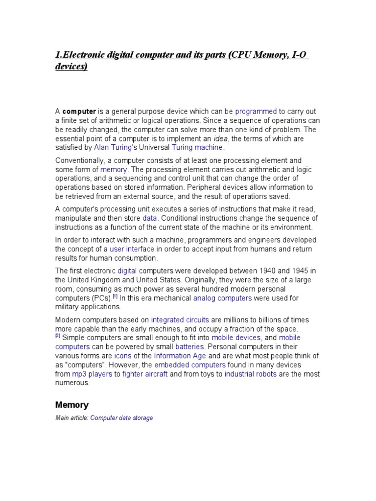 1.electronic Digital Computer and Its Parts (CPU Memory, I-O Devices ...