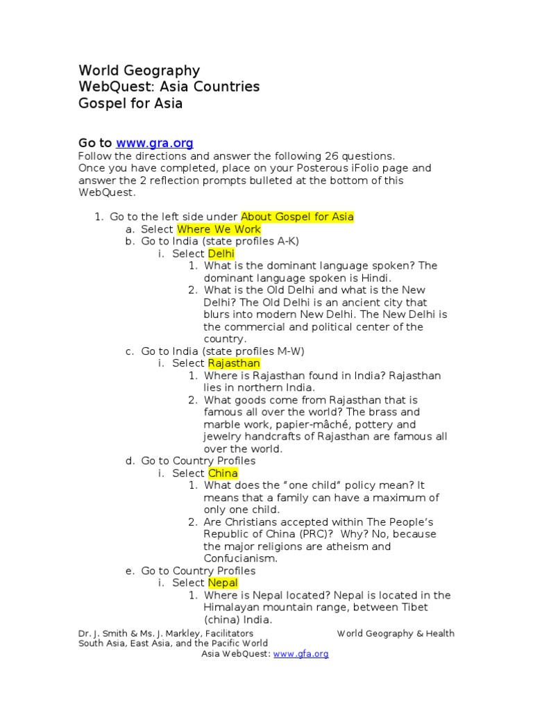 Asia Countries WebQuest Overview | PDF | Thailand | Asia