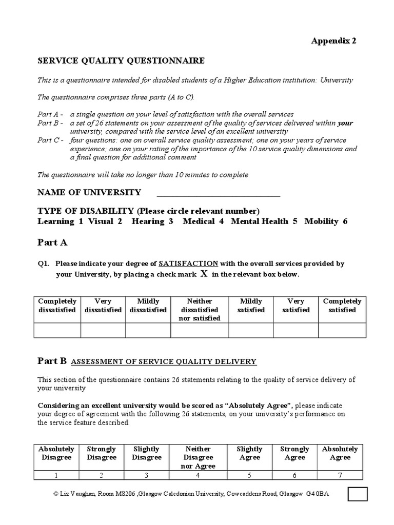 Service Quality Study Questionnaire | Psychological Concepts ...