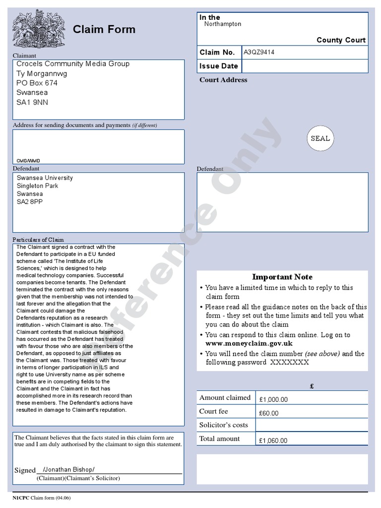 N1 Claim Form Against Swansea University | PDF | Judgment (Law) | Plaintiff