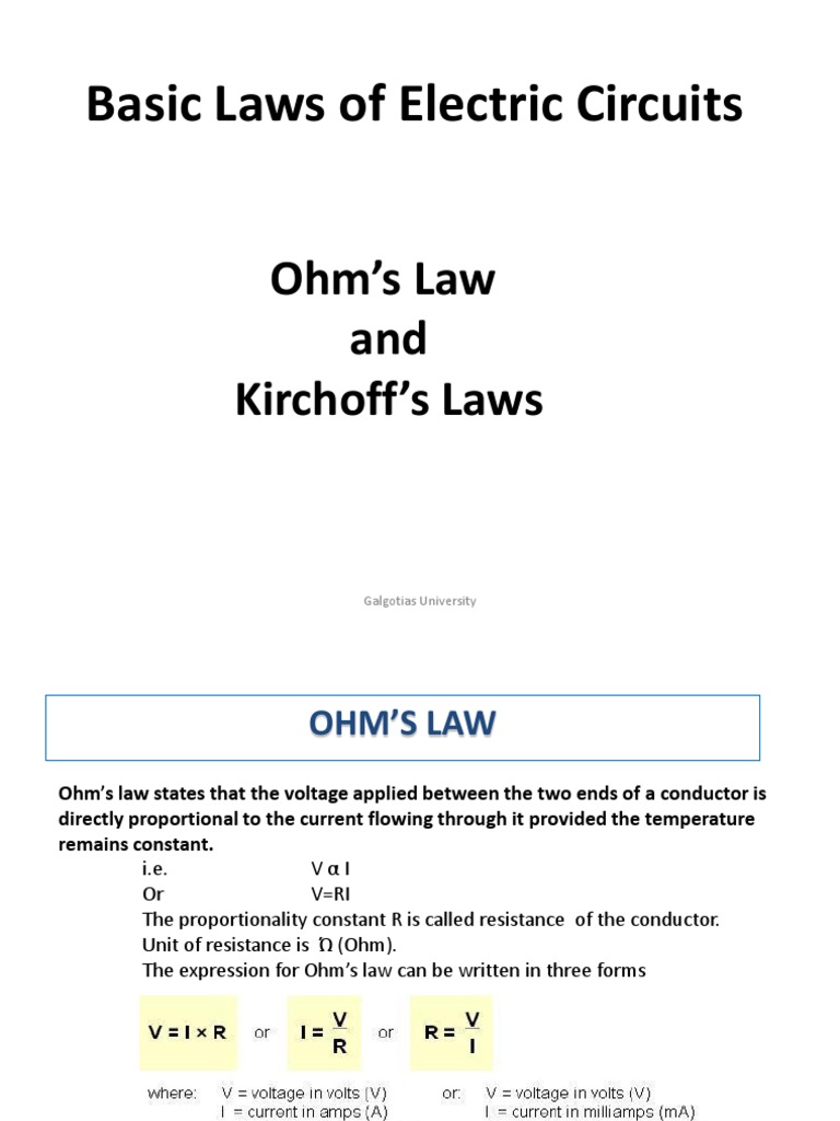 Basic Laws of Electric Circuits Ohm's Law and Kirchoff's Laws Galgotias ...