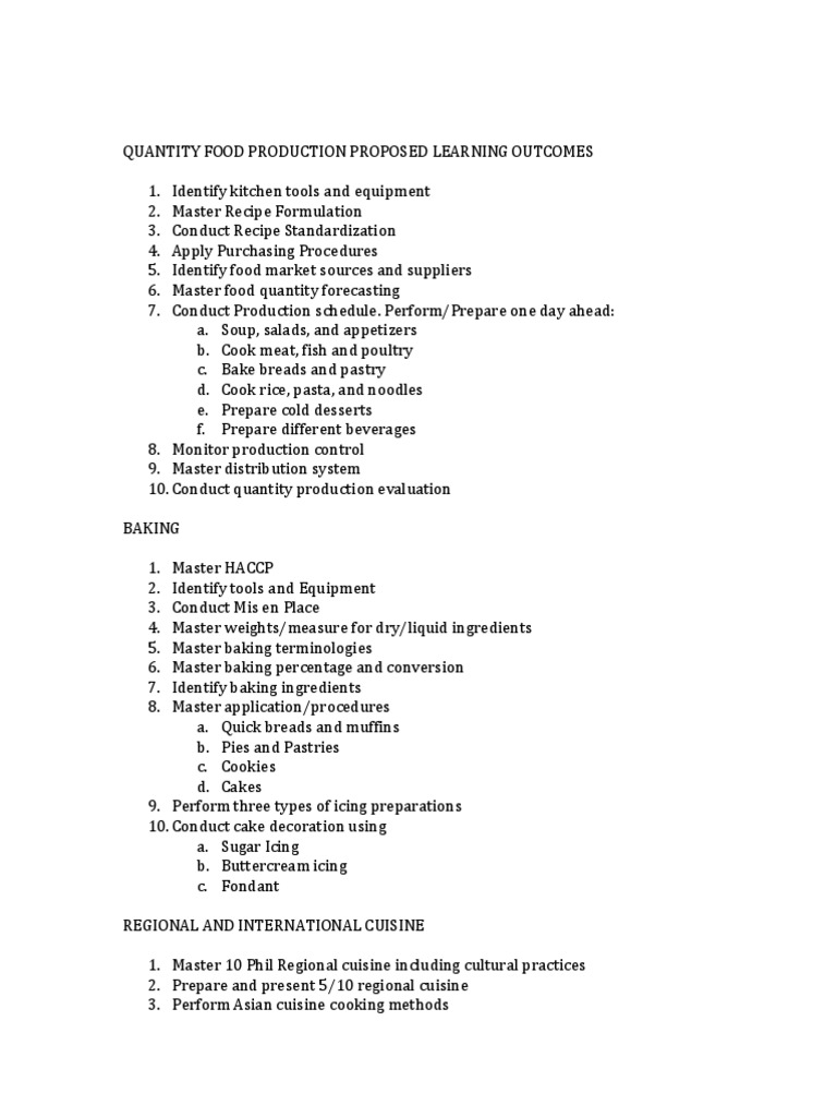Culinary Arts Learning Outcomes | PDF | Baking | Cooking