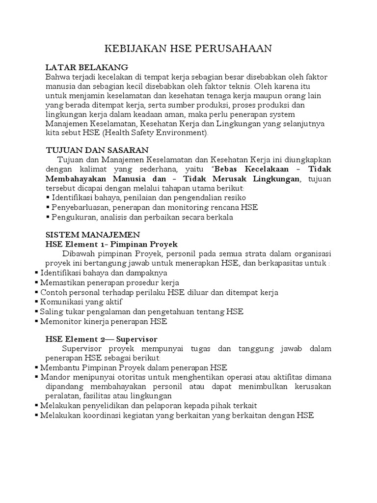 Kebijakan HSE Perusahaan dan Implementasinya | PDF | Bisnis