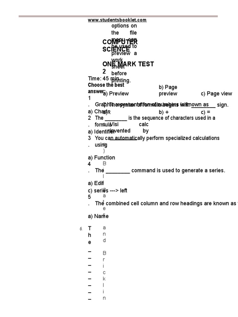 Computer Science - One Mark - Test 2 | PDF | Computer Data ...