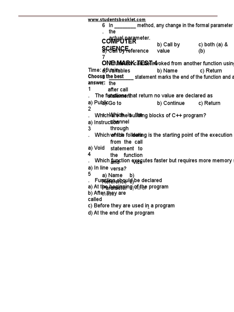C++ One Mark Test Questions | PDF | Parameter (Computer Programming ...