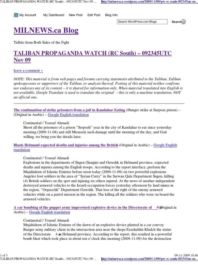 TALIBAN PROPAGANDA WATCH (RC South) - 092345UTC Nov 09 | PDF | Kandahar ...