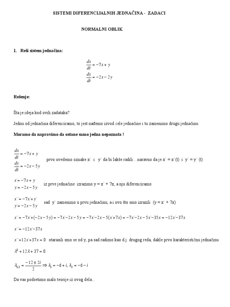 Sistemi Diferencijalnih Jednacina Zadaci | PDF