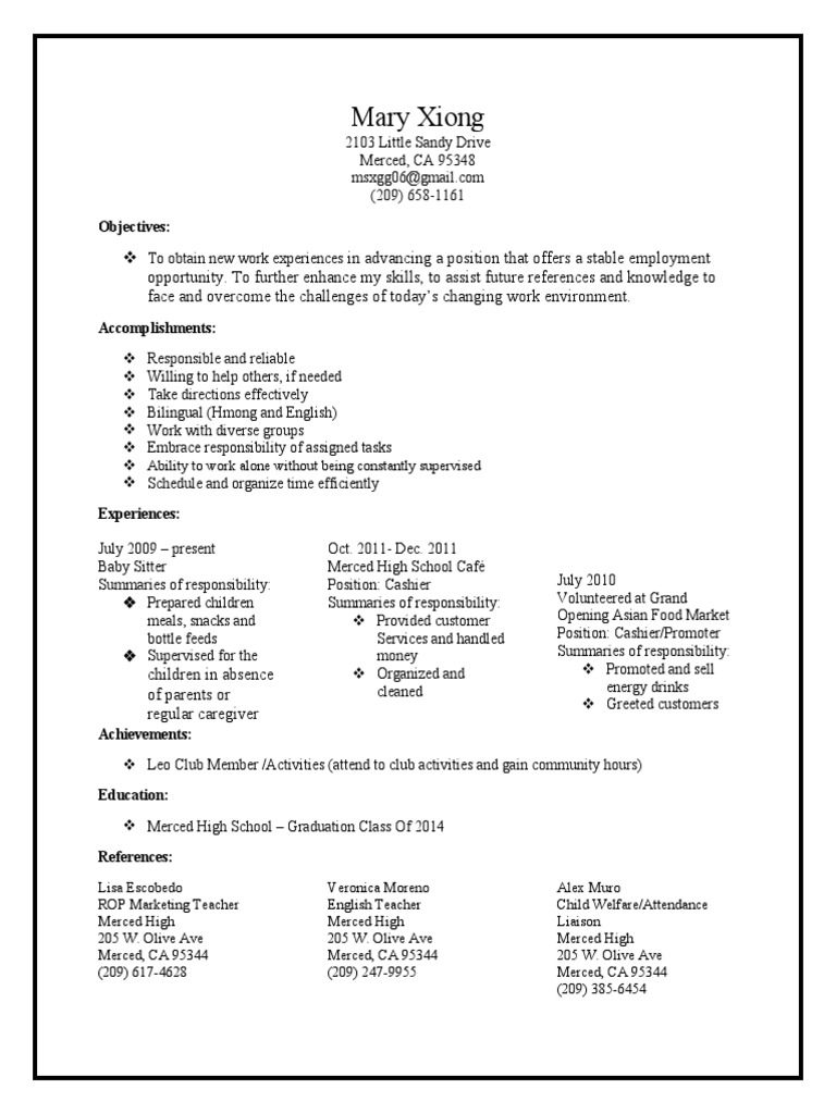 Mary Xiong's Resume and Objectives | PDF