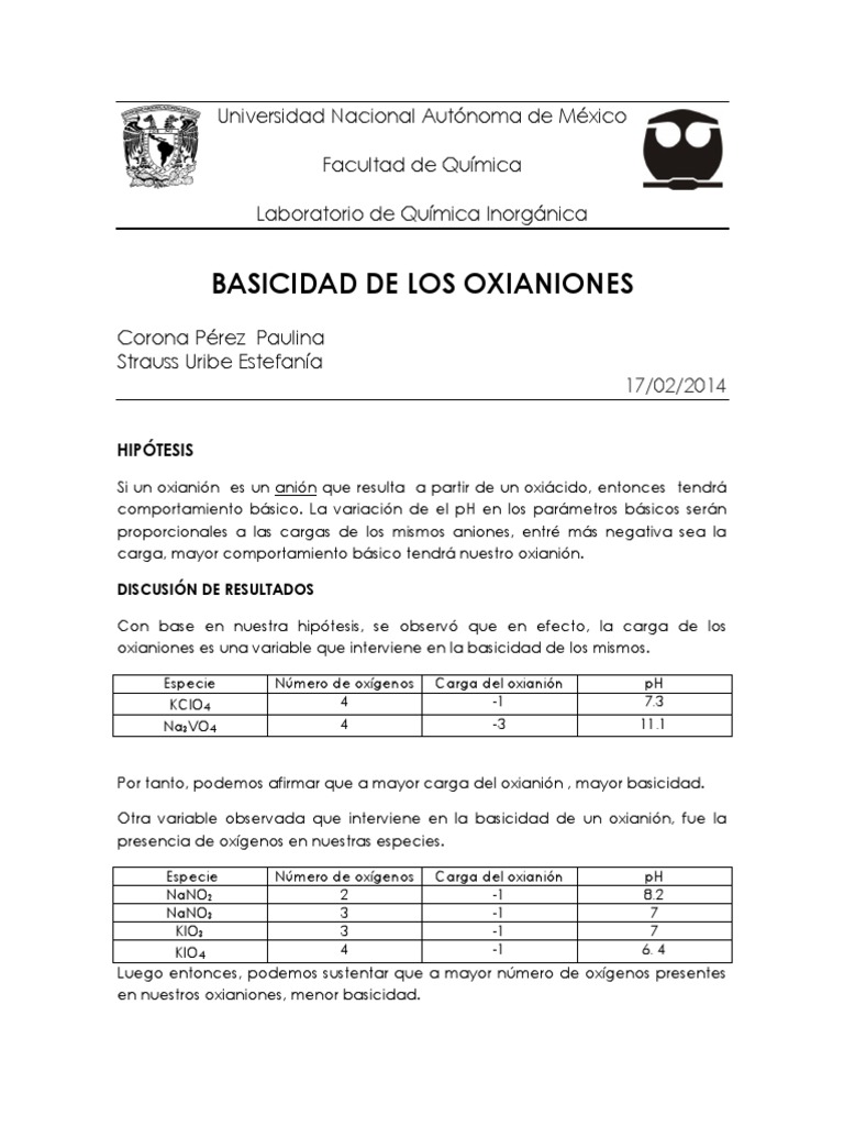 Práctica 8, Basicidad de Los Oxianiones | PDF