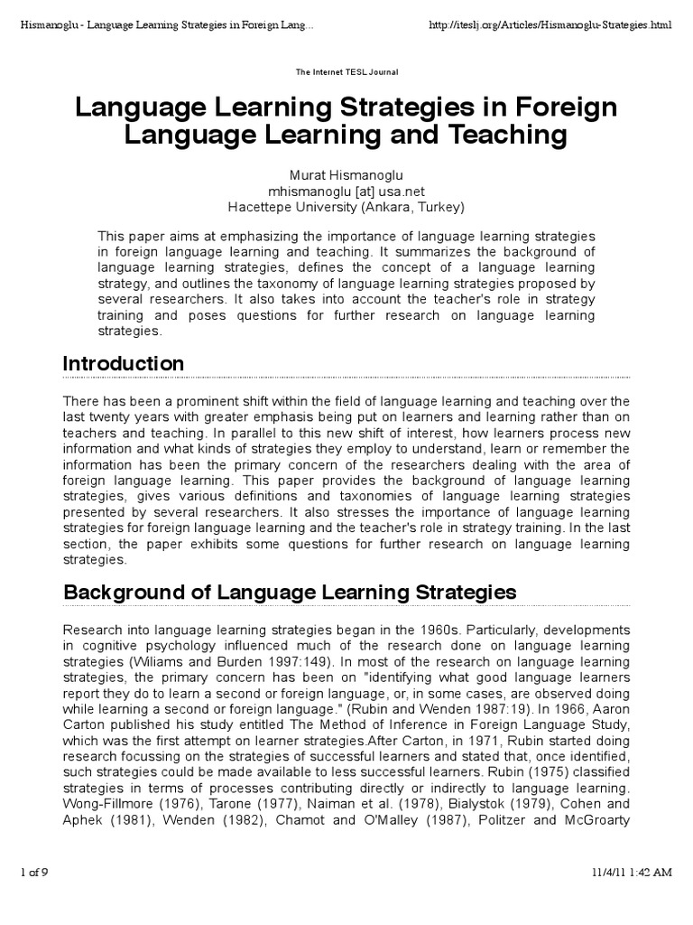 Language Learning Strategies in Foreign Language Learning and Teaching ...