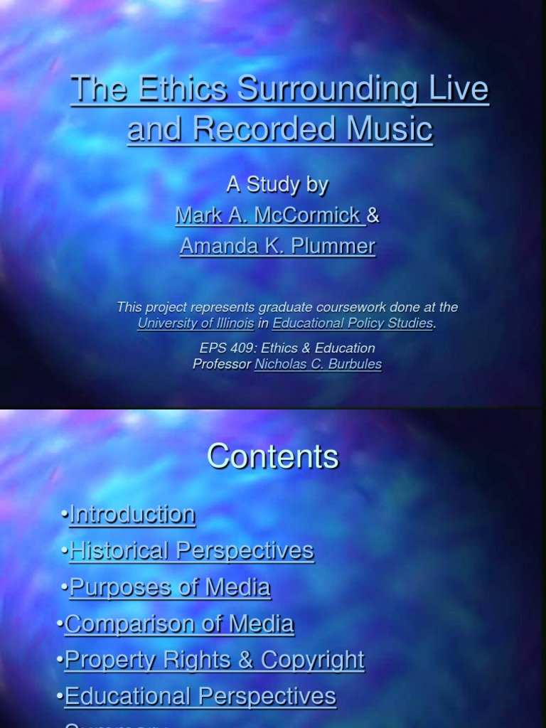 The Ethics Surrounding Live and Recorded Music: Mark A. Mccormick ...