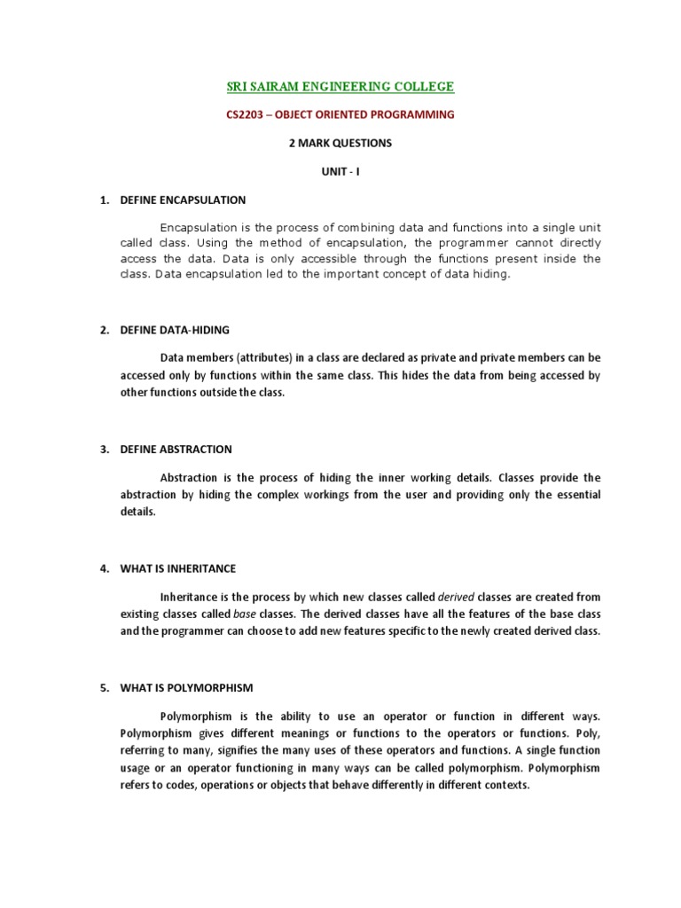 Cs2203 Object Oriented Programming 2 Marks Pdf Class Computer Programming Object 8630