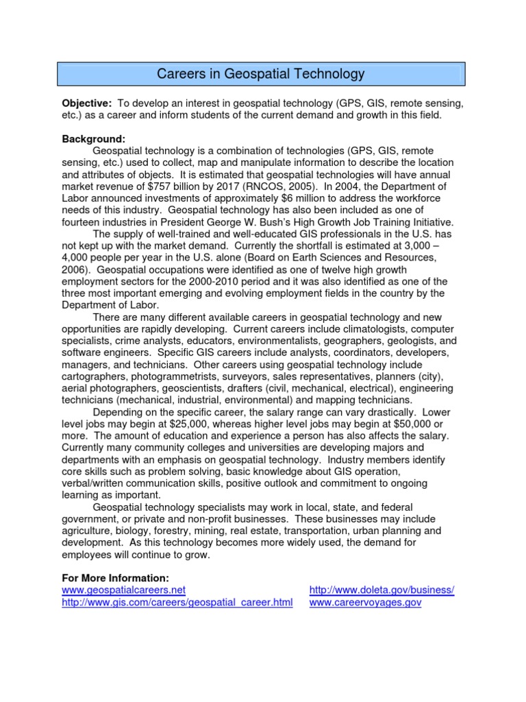 Careers in Geospatial Technology: Objective: To Develop An Interest in ...