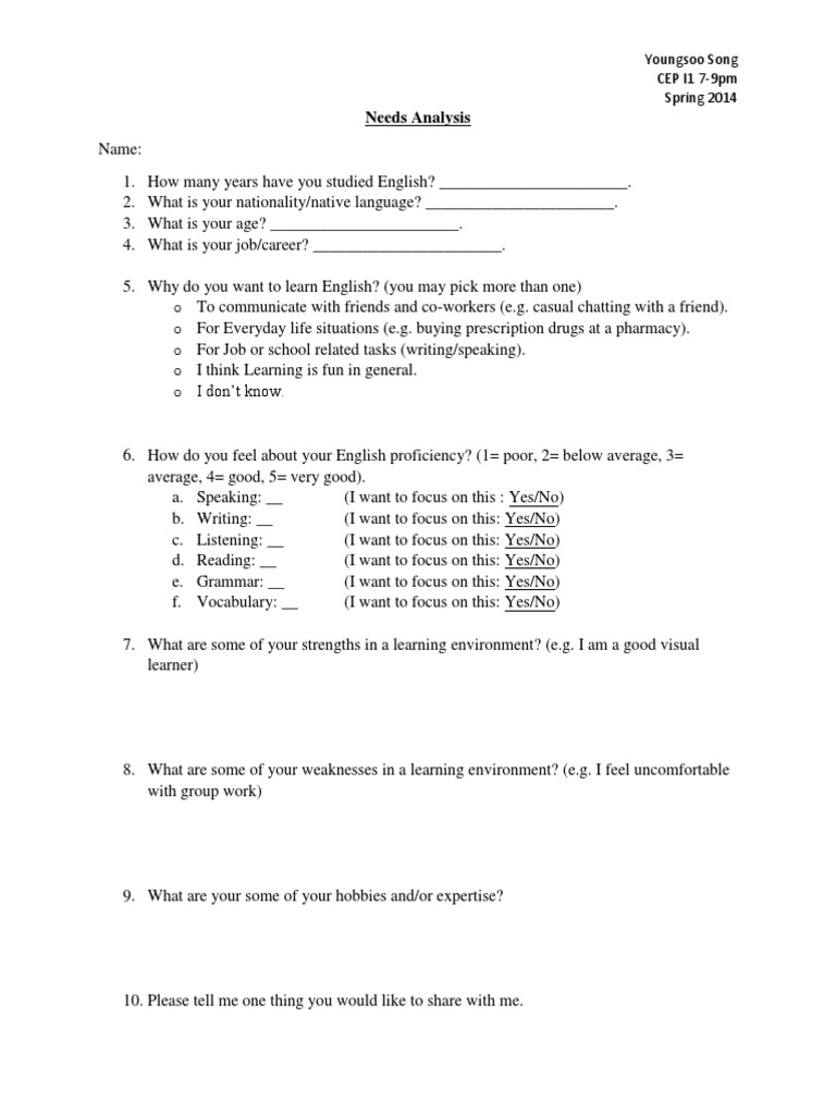 English Learning Needs Analysis Form | PDF