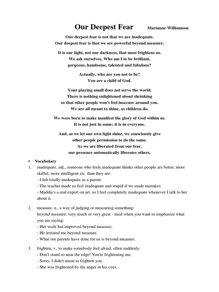 (Quote) Our Deepest Fear by Marianne Williamson | PDF