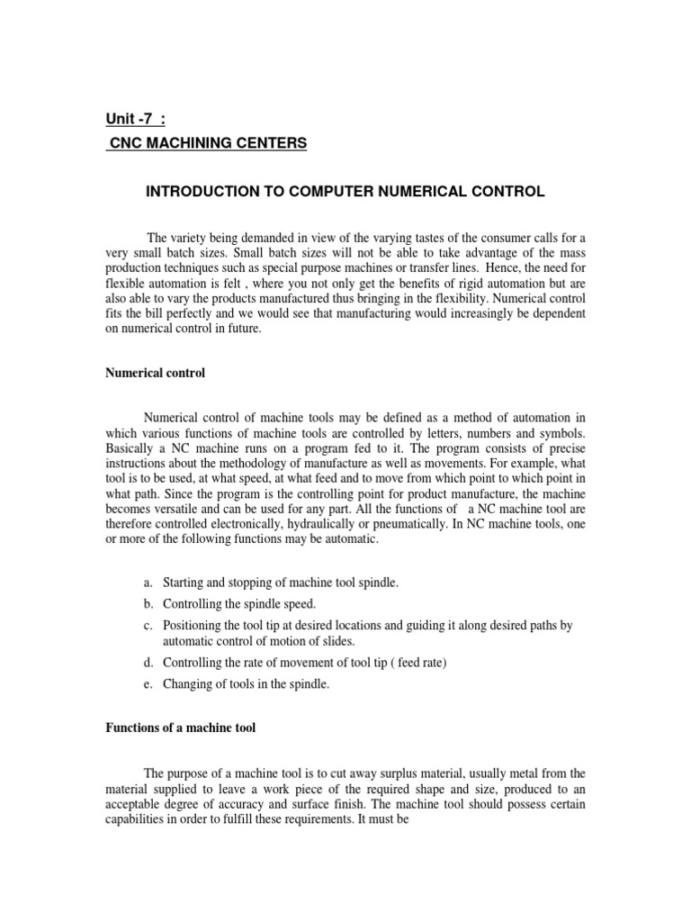 Unit - 7: CNC Machining Centers: Numerical Control | PDF