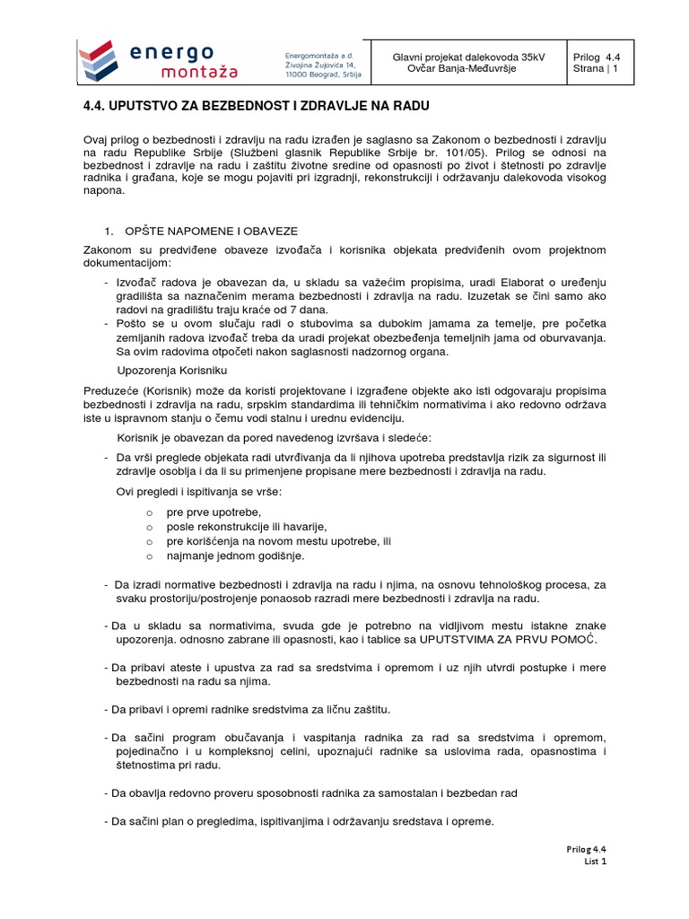 4.4 Upustvo Za Bezbednost I Zdravlje Na Radu | PDF