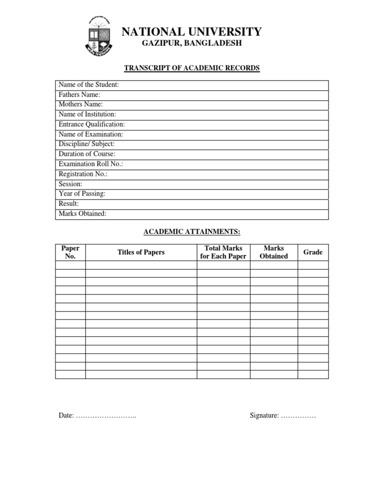 National University Transcript Template | PDF