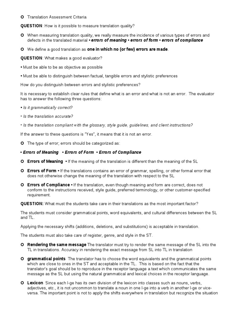 Translation Assessment Criteria | PDF | Translations | Part Of Speech