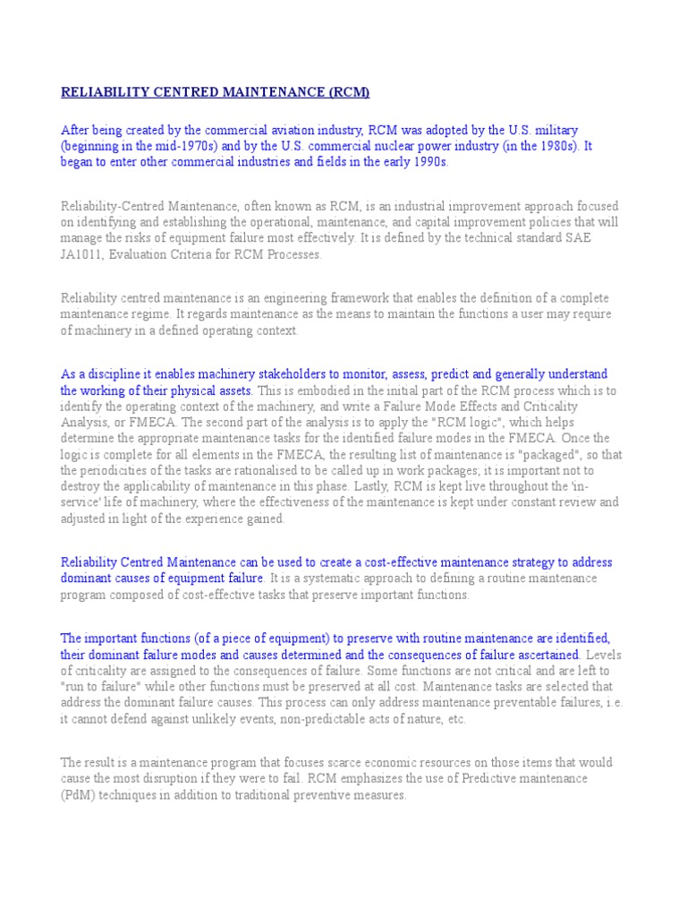 Reliability Centred Maintenance (RCM) principles and failure analysis ...