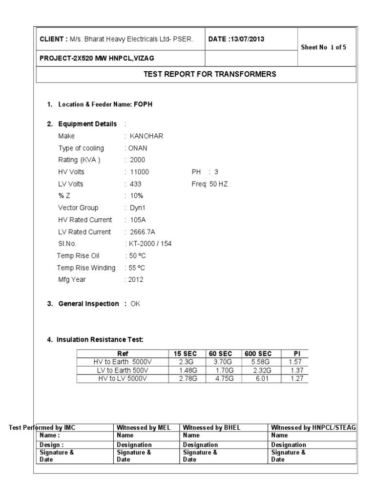 Typical Transformer Test Report | PDF | Transformer | Electrical Components