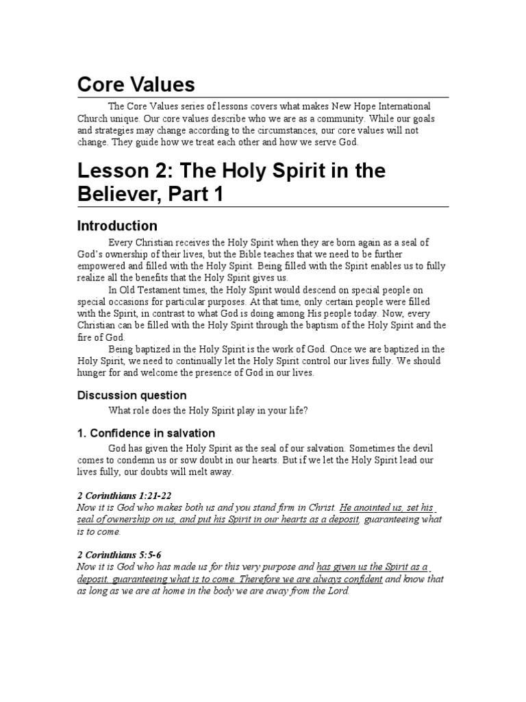 Holy Spirit in The Believer, Part 1 (Core Values Lesson 2) | PDF ...