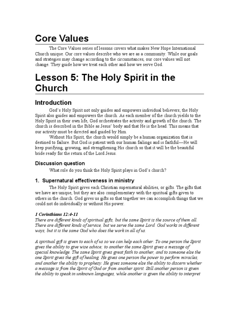Holy Spirit in The Church (Core Values Lesson 5) | PDF | Spiritual Gift ...