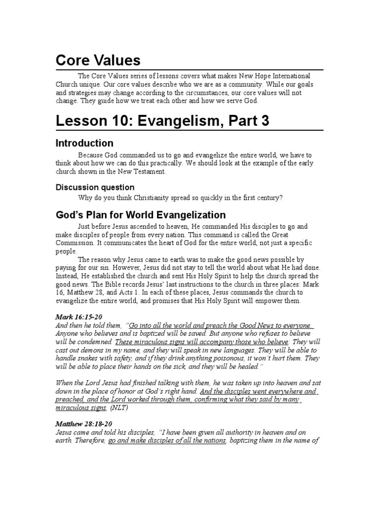 Evangelism: God's Plan for World Evangelization (Core Values Lesson 10 ...