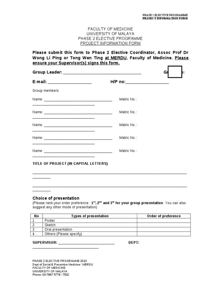 Faculty of Medicine University of Malaya Phase 2 Elective Programme Project Information Form | PDF