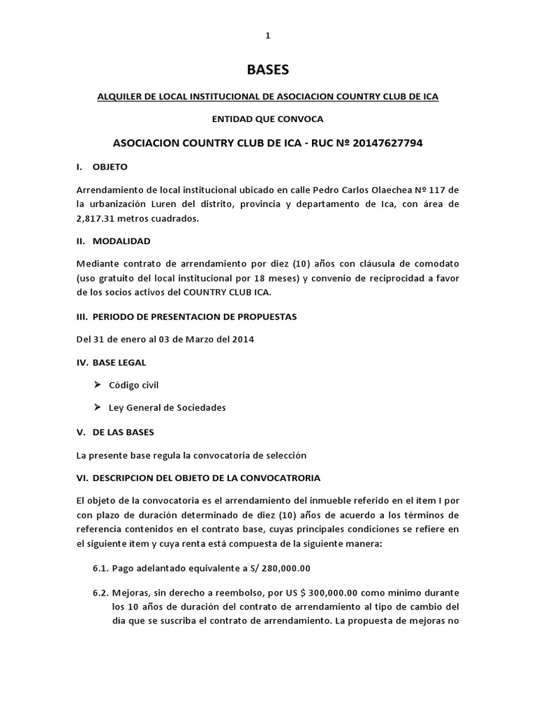 Bases Country Club Ica | Descargar gratis PDF | Pagos | Alquiler
