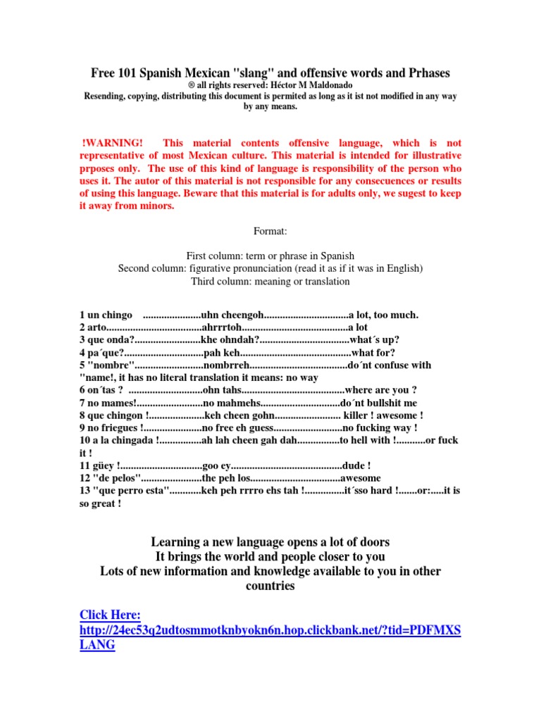 101 Spanish Mexican Slang and Offensive Words and Phrases | PDF ...