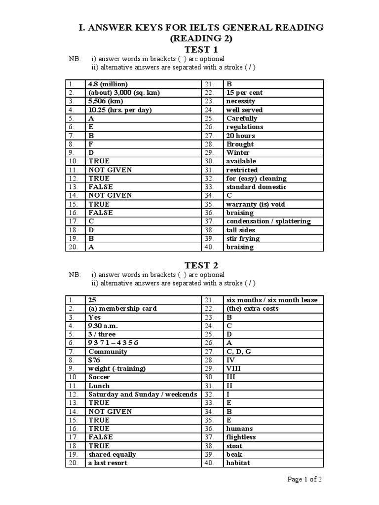 Answer Key For Ielts General Reading | PDF