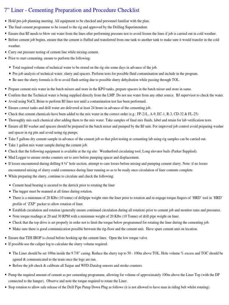 7" Liner - Cementing Preparation and Procedure Checklist | PDF ...