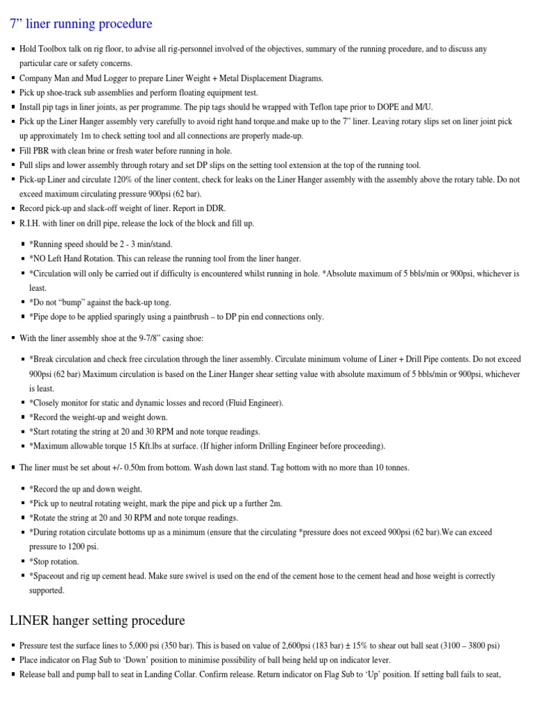7" Liner Running Procedure | PDF | Pressure | Pump