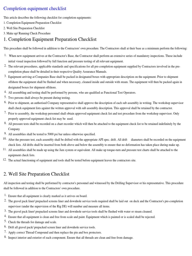 Completion Equipment Checklist | PDF | Drilling Rig | Pipe (Fluid ...