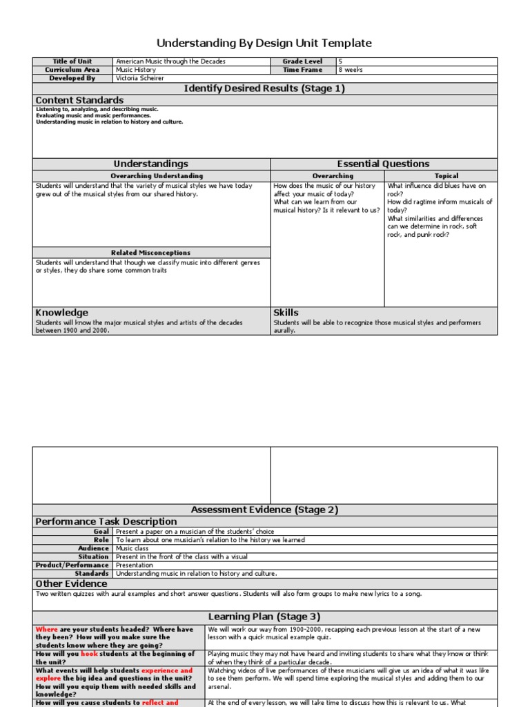 Ubd American Music Through The Decades | PDF | Teaching | Learning