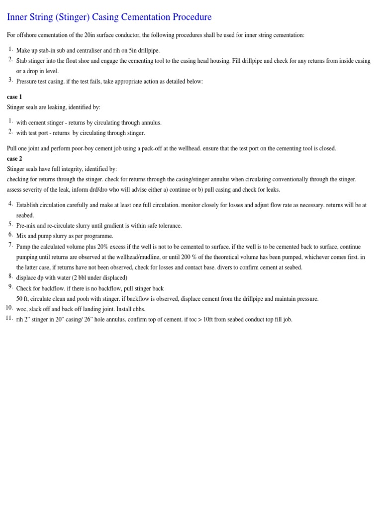 Inner String (Stinger) Casing Cementation Procedure | PDF | Home & Garden